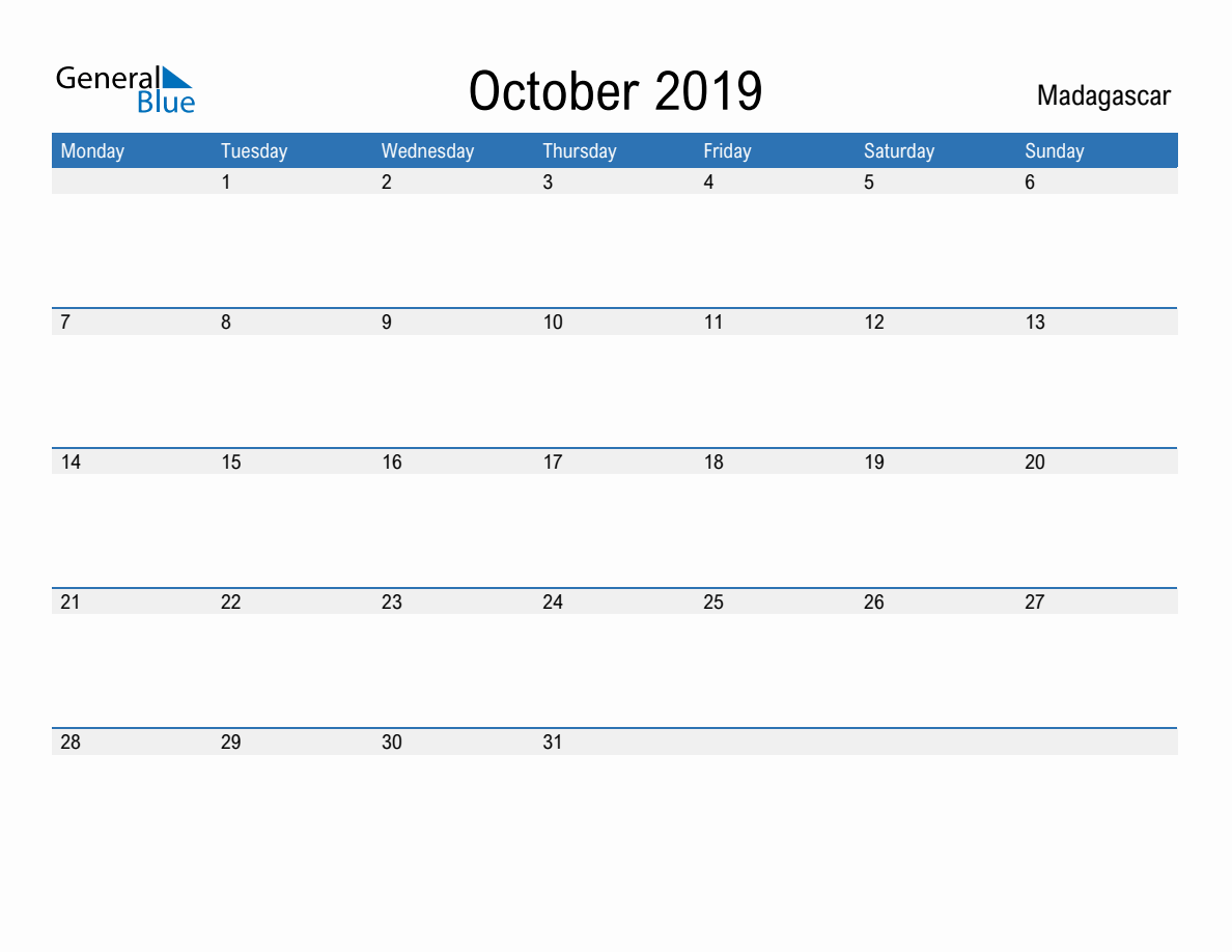 Editable October 2019 Calendar with Madagascar Holidays (Monday Start)