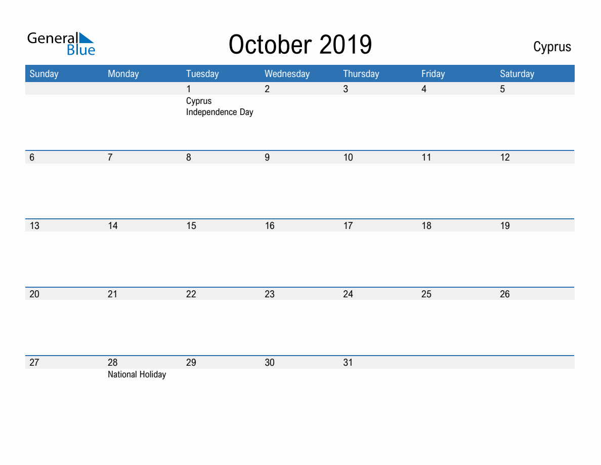 Editable October 2019 Calendar with Cyprus Holidays