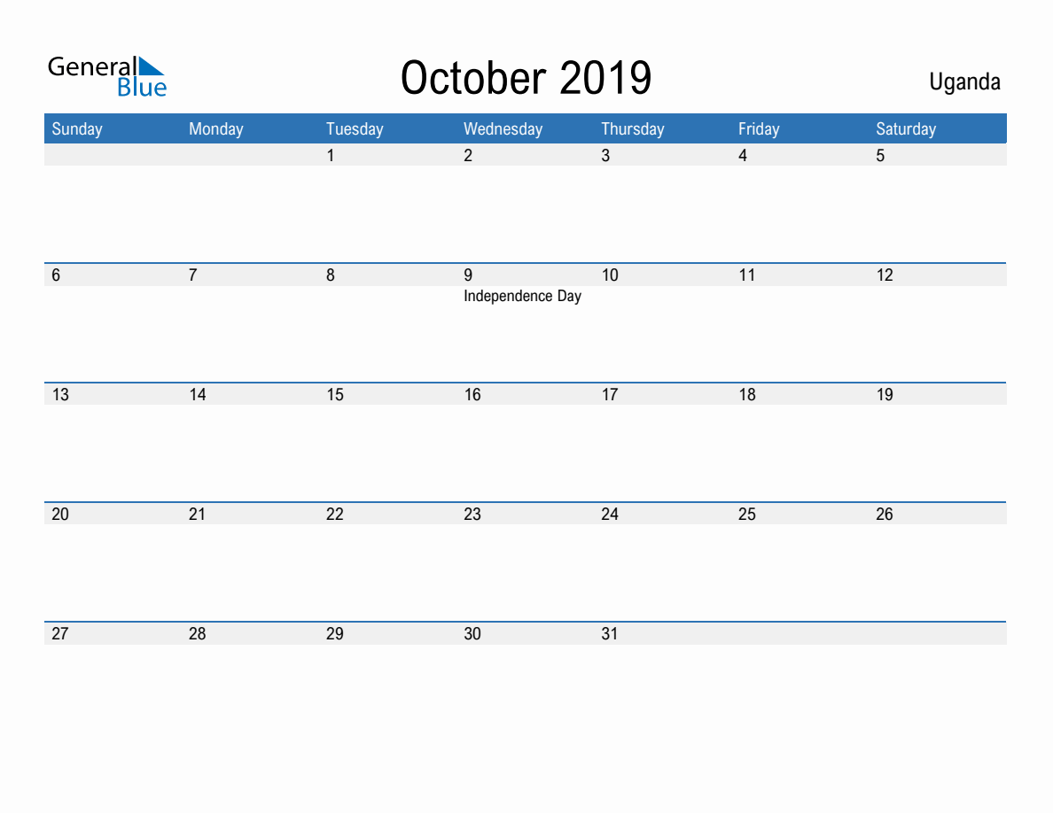 Editable October 2019 Calendar with Uganda Holidays