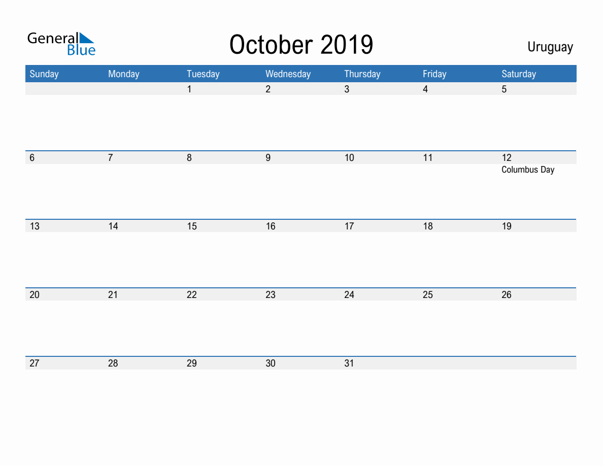 Editable October 2019 Calendar with Uruguay Holidays