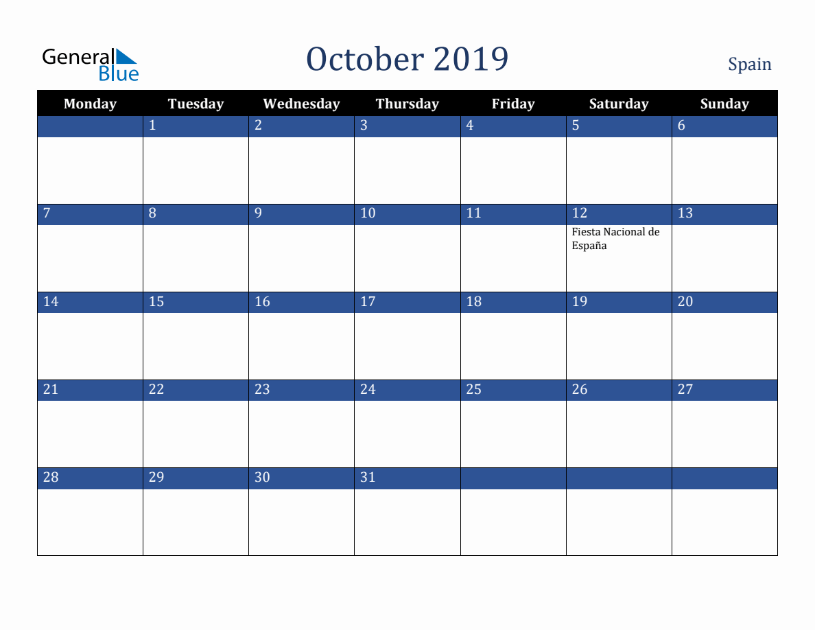 October 2019 Spain Holiday Calendar (Monday Start)