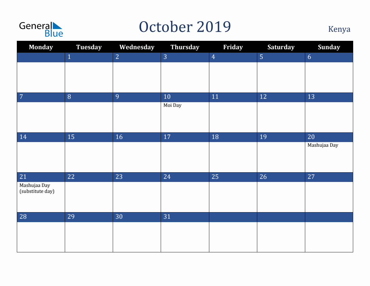 October 2019 Kenya Holiday Calendar (Monday Start)