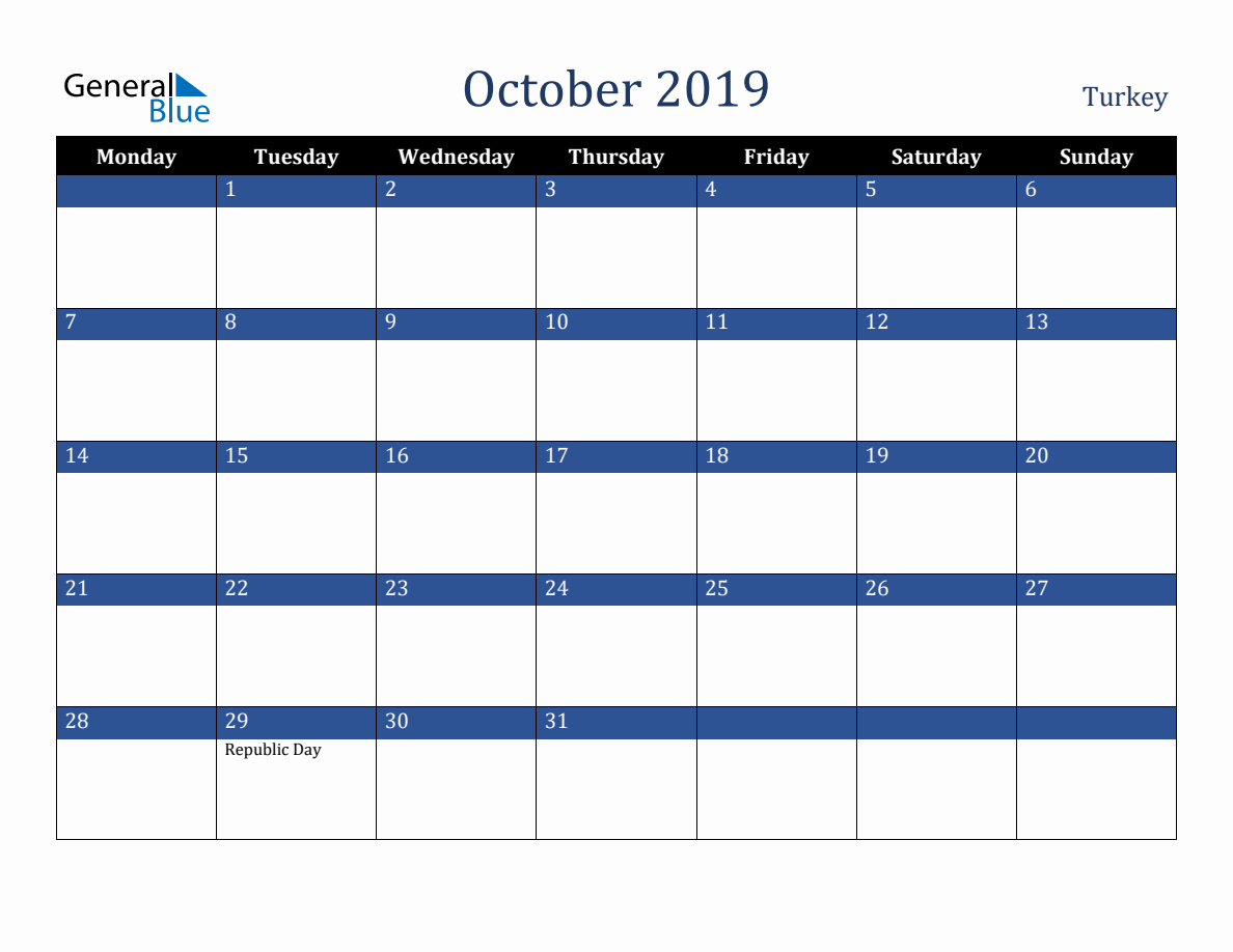 October 2019 Turkey Holiday Calendar