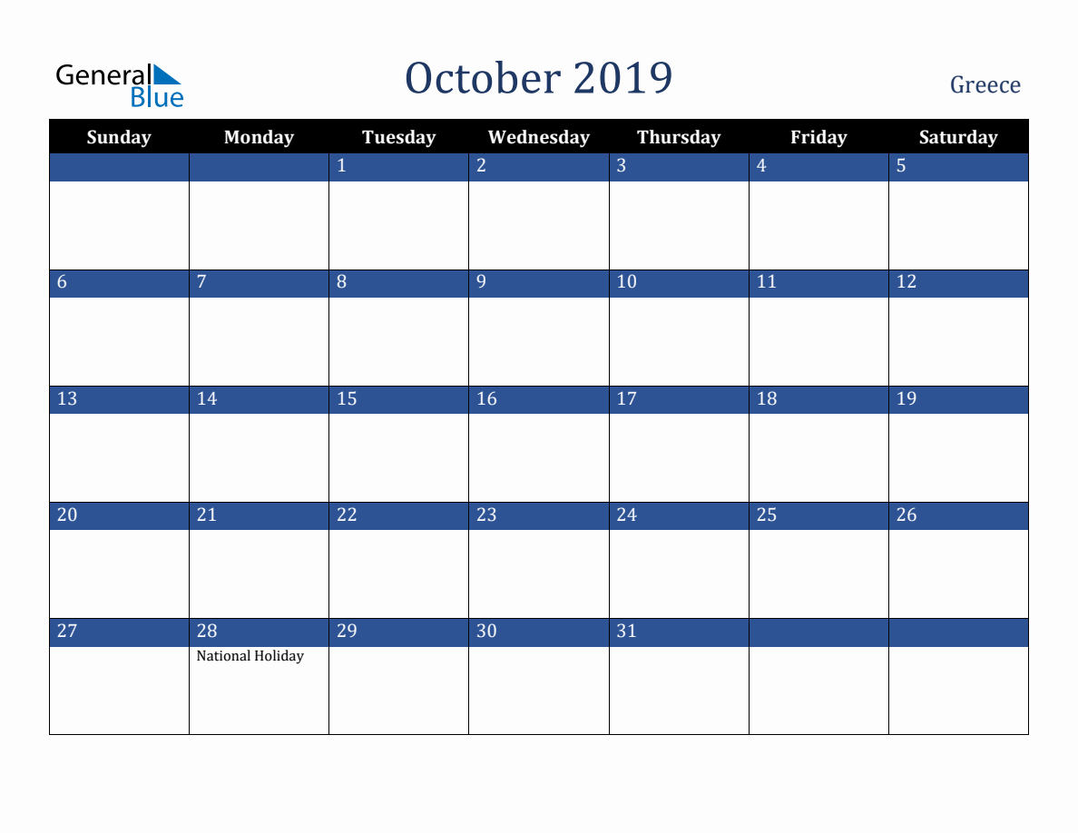 October 2019 Greece Holiday Calendar
