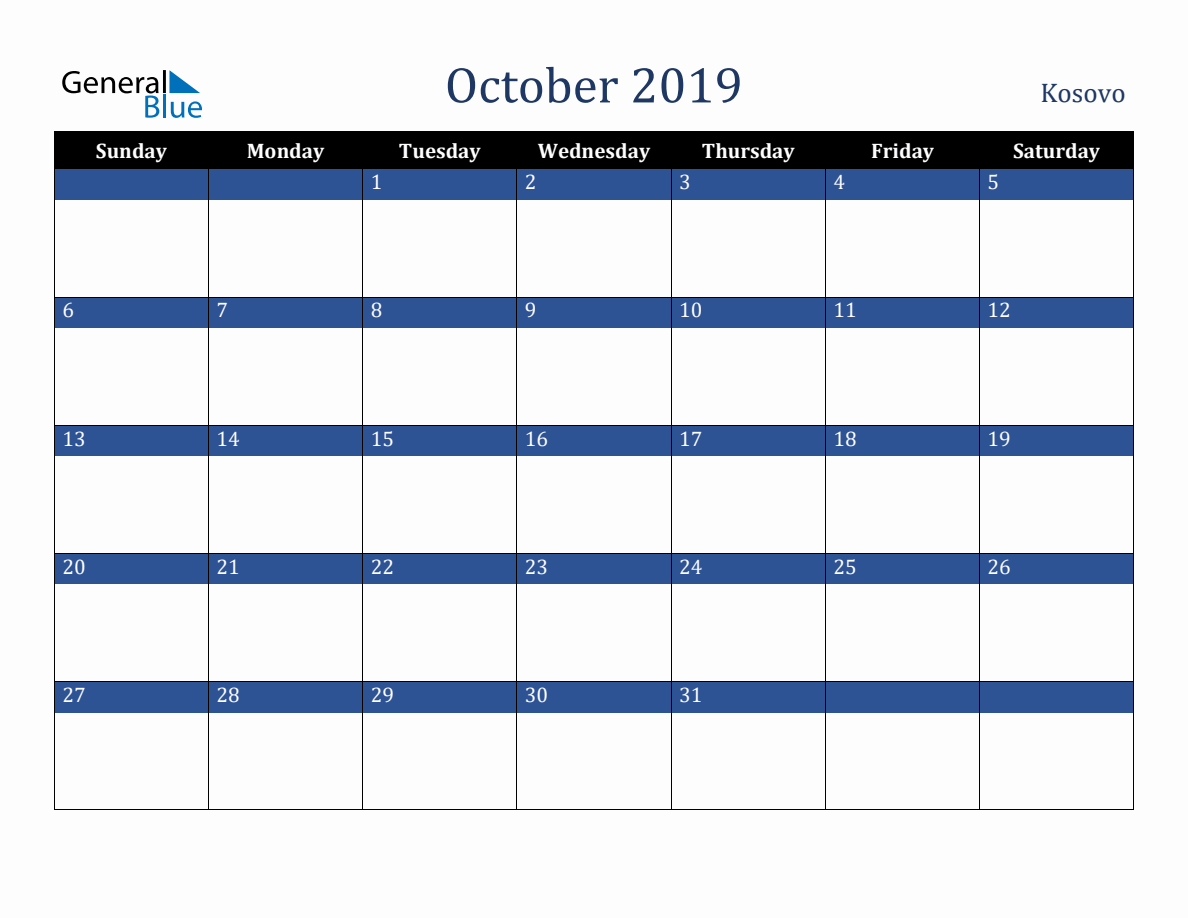 October 2019 Kosovo Holiday Calendar