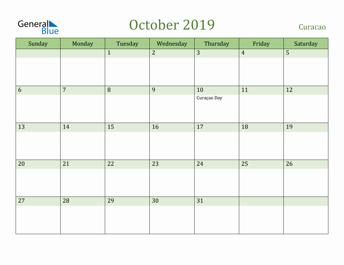 Fillable Holiday Calendar for Curacao - October 2019