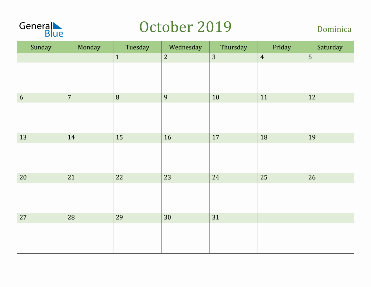 Fillable Holiday Calendar for Dominica - October 2019