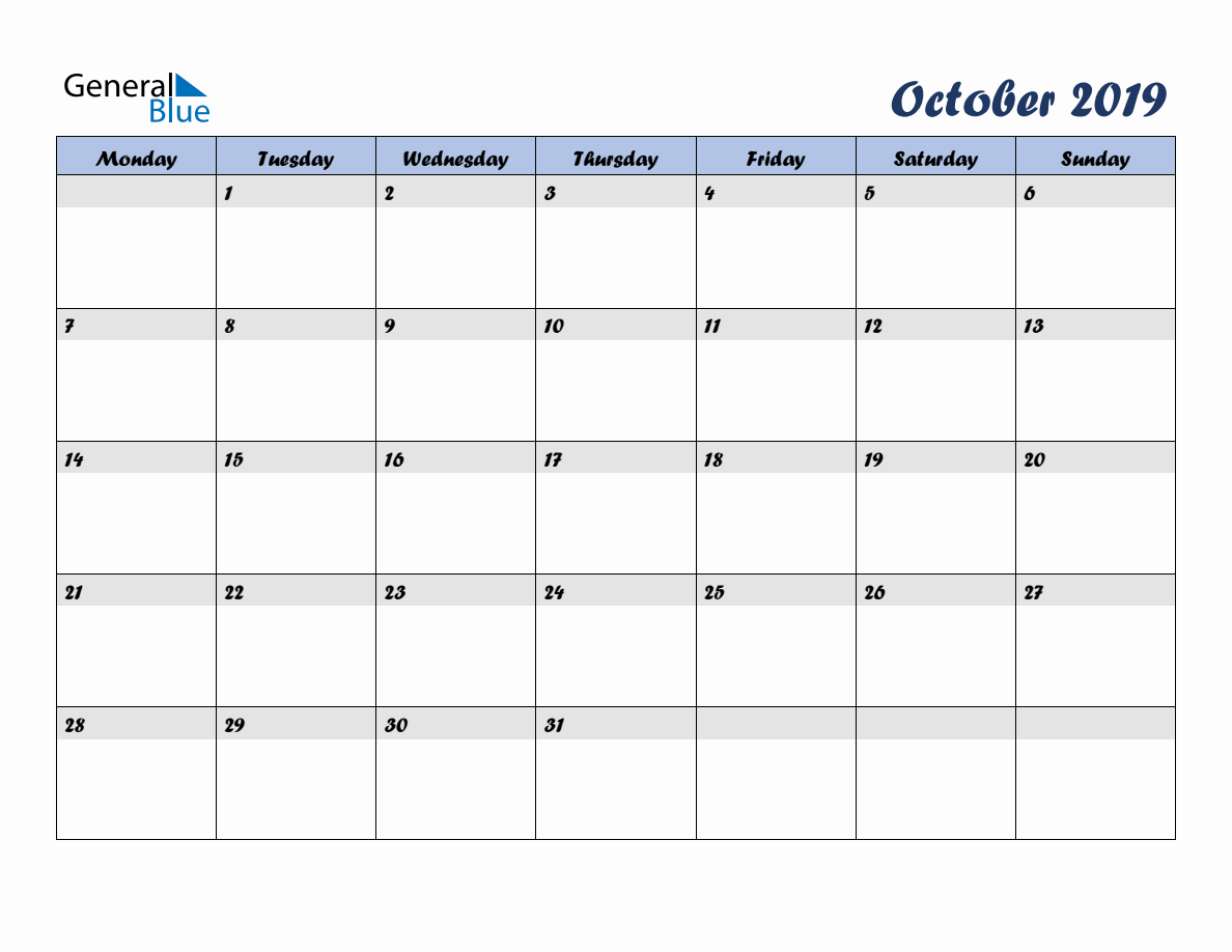 Free October 2019 Monthly Editable Calendar - Monday Start