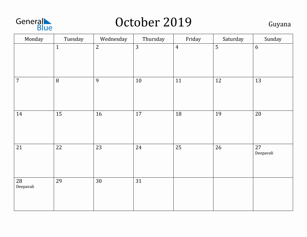 Guyana Monthly Calendar - October 2019 (Monday Start)