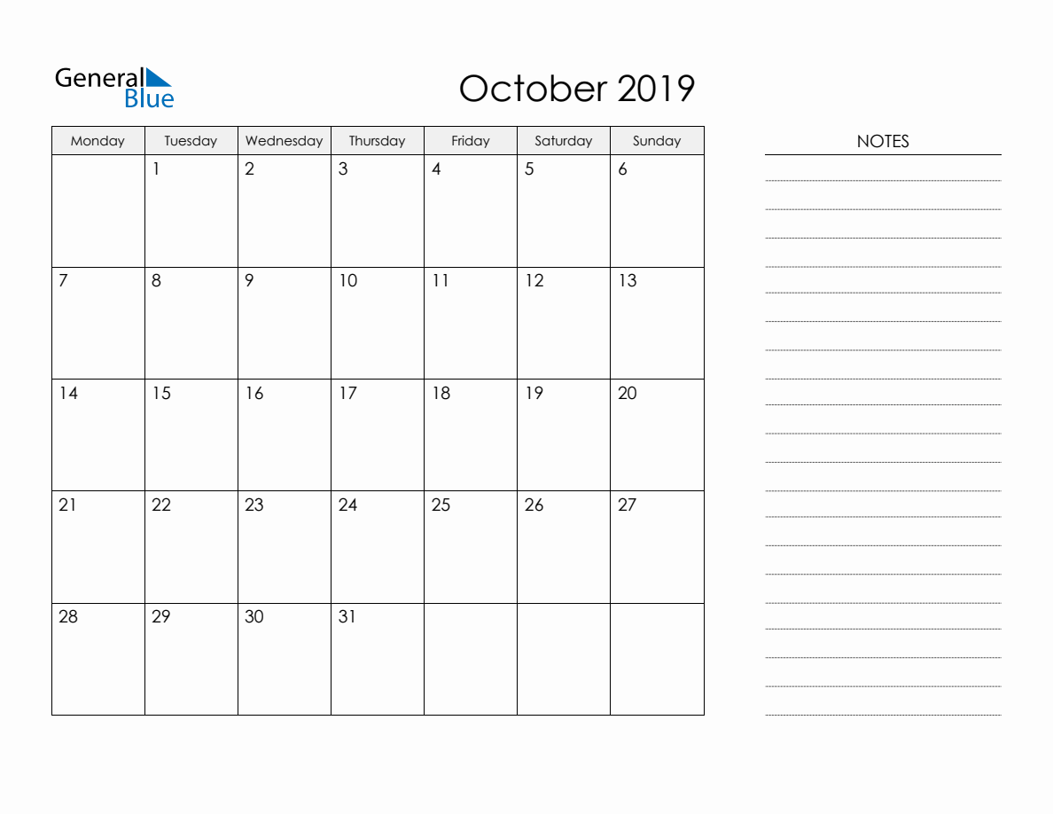 Printable Monthly Calendar with Notes - October 2019 - Monday Start