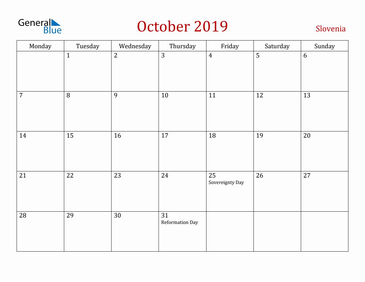 October 2019 Slovenia Monthly Calendar with Holidays