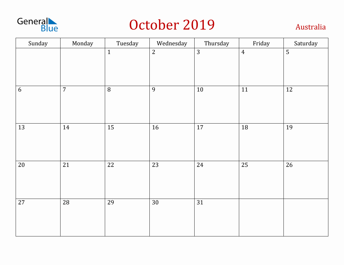 October 2019 Australia Monthly Calendar with Holidays