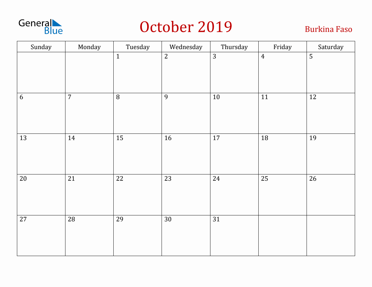 October 2019 Burkina Faso Monthly Calendar with Holidays