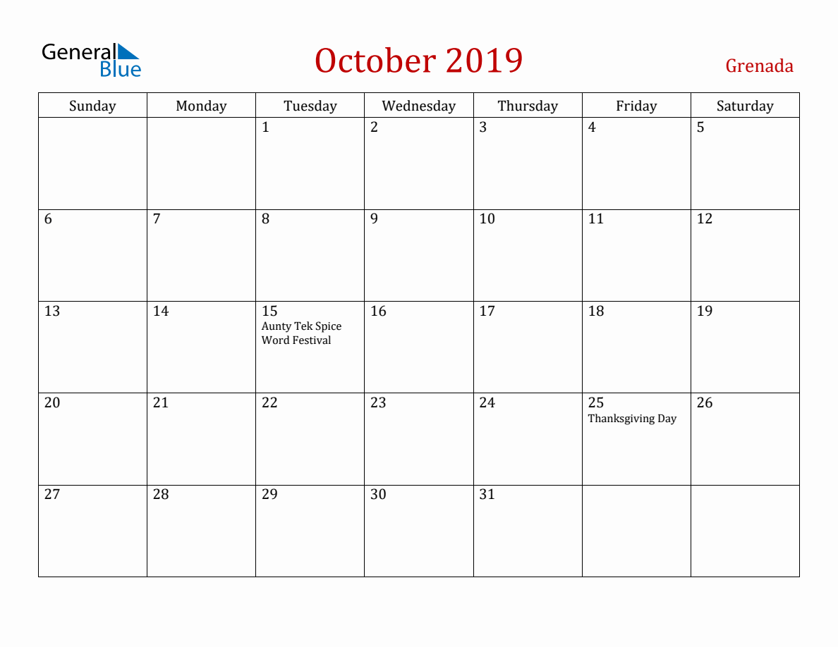 October 2019 Grenada Monthly Calendar with Holidays