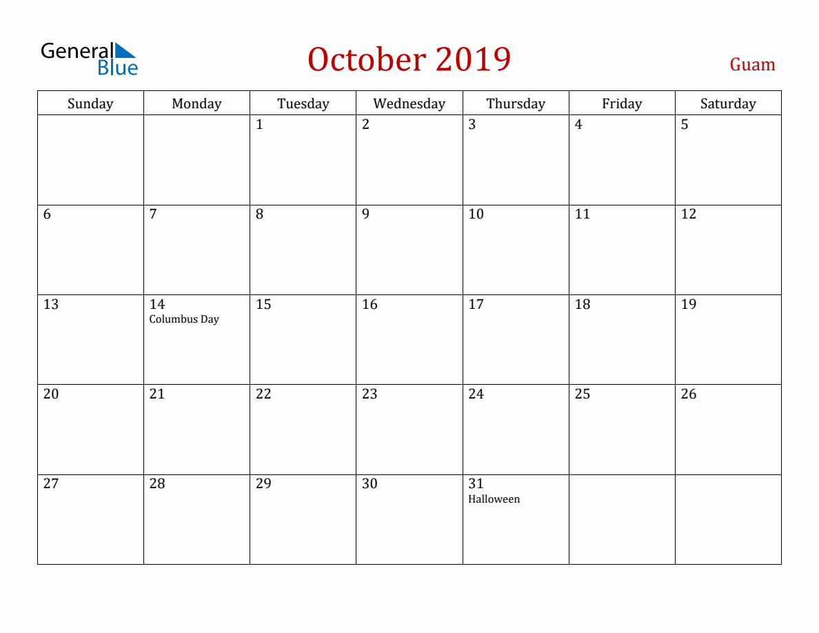 October 2019 Guam Monthly Calendar with Holidays