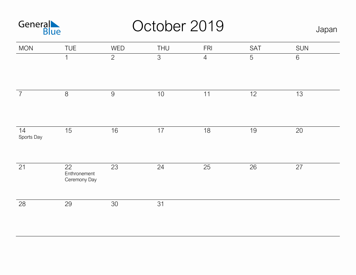 Printable October 2019 Monthly Calendar with Holidays for Japan (Monday ...