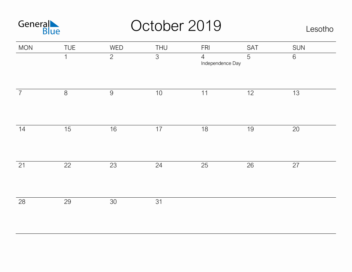 Printable October 2019 Monthly Calendar with Holidays for Lesotho