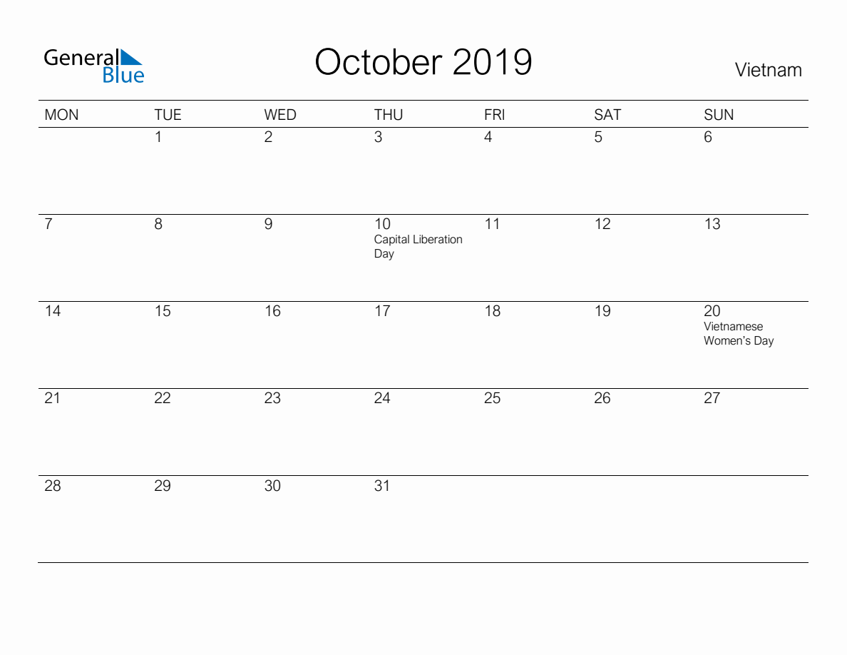 Printable October 2019 Monthly Calendar with Holidays for Vietnam