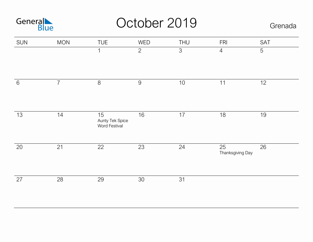 Printable October 2019 Monthly Calendar with Holidays for Grenada