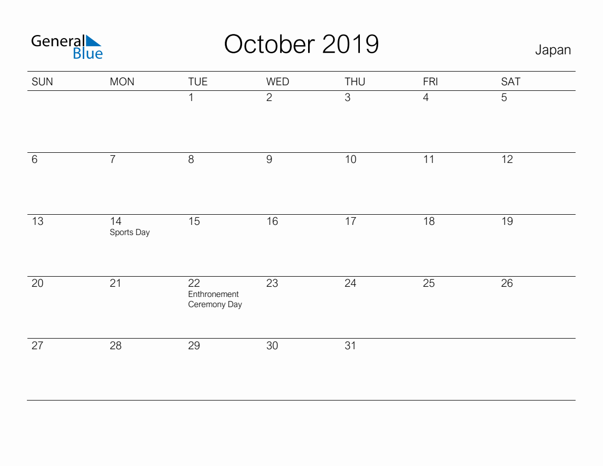 Printable October 2019 Monthly Calendar with Holidays for Japan