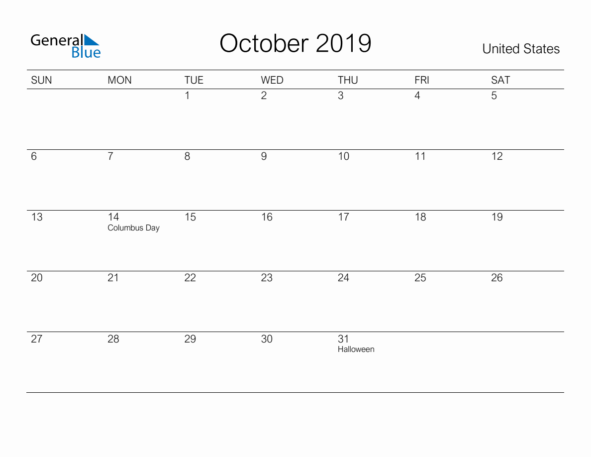 Printable October 2019 Monthly Calendar with Holidays for United States