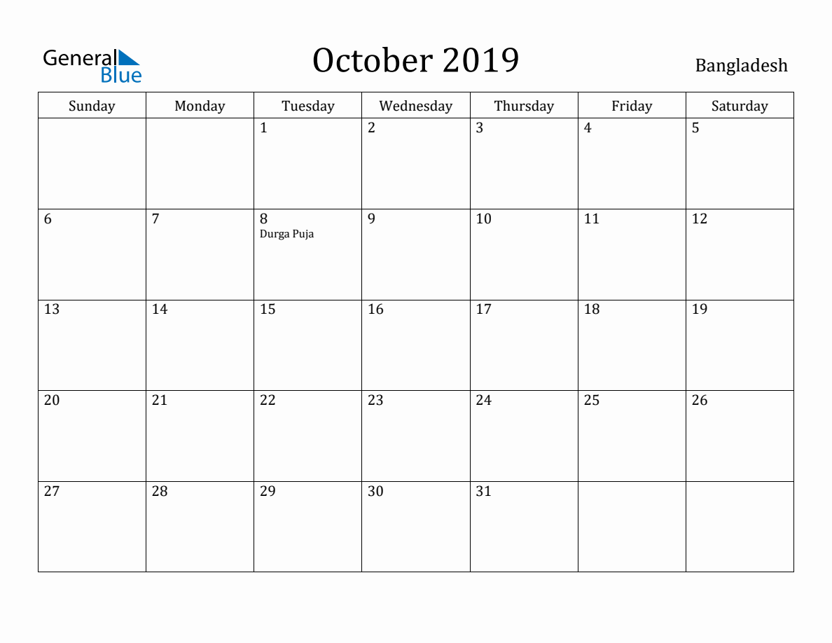 October 2019 Monthly Calendar with Bangladesh Holidays