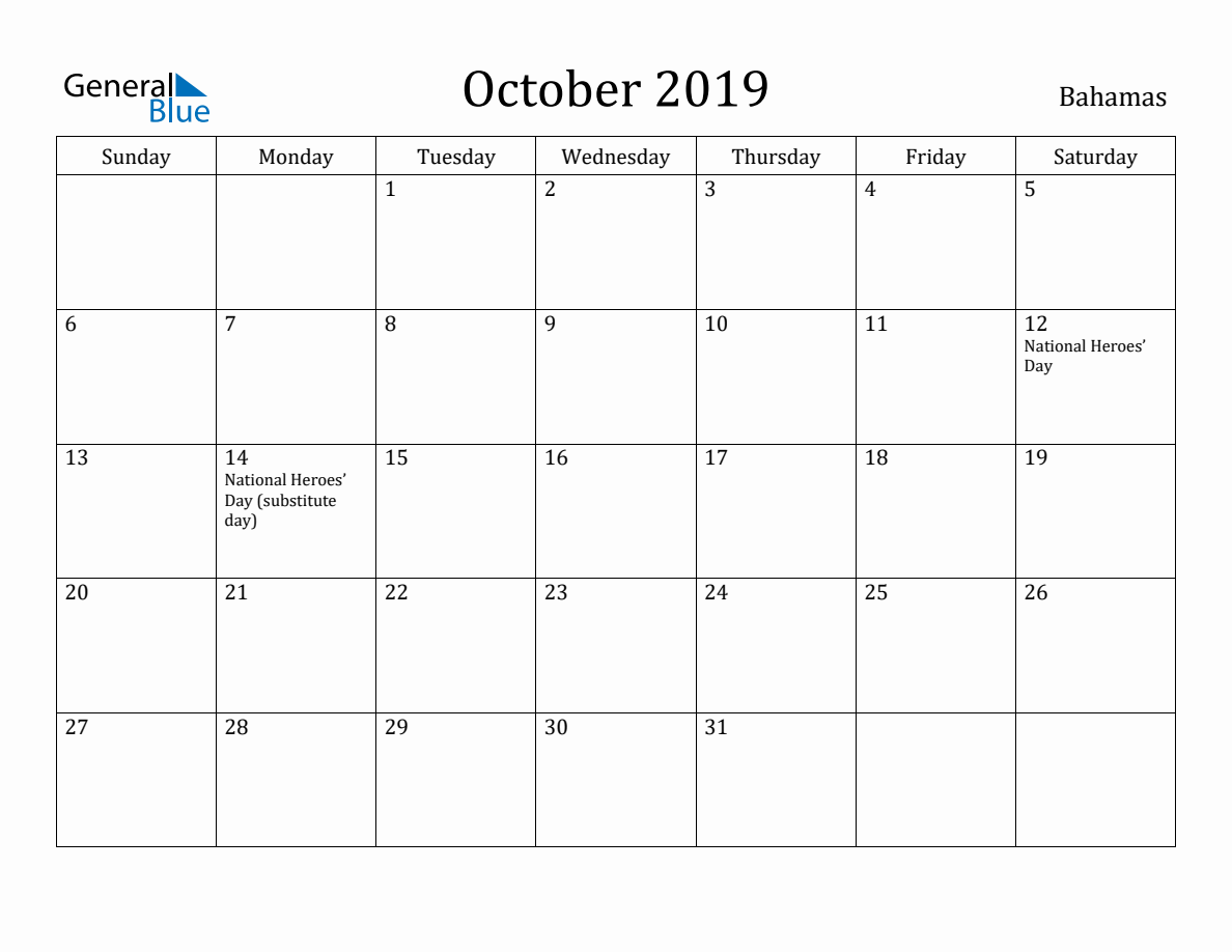 October 2019 Monthly Calendar with Bahamas Holidays