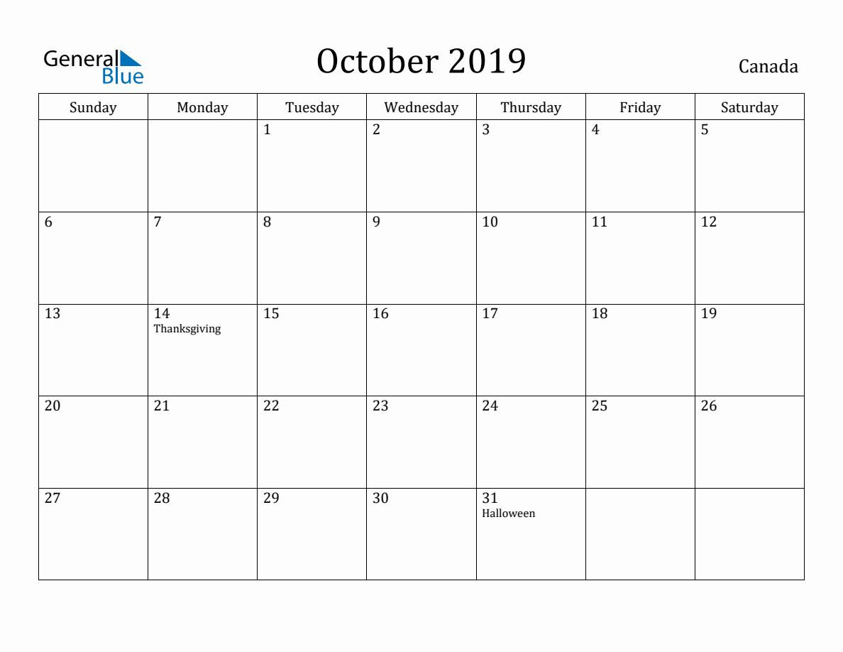 October 2019 Monthly Calendar with Canada Holidays