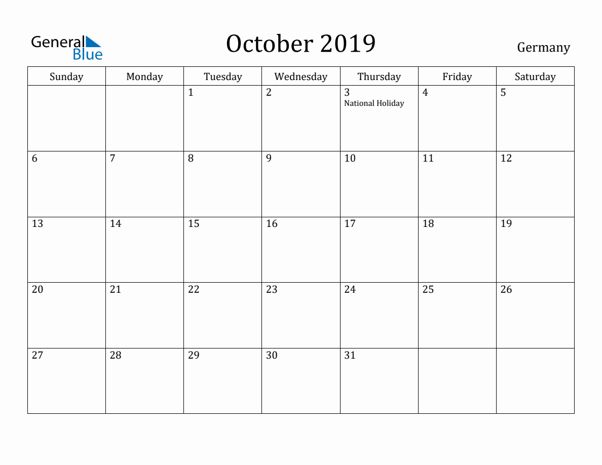 October 2019 Monthly Calendar with Germany Holidays