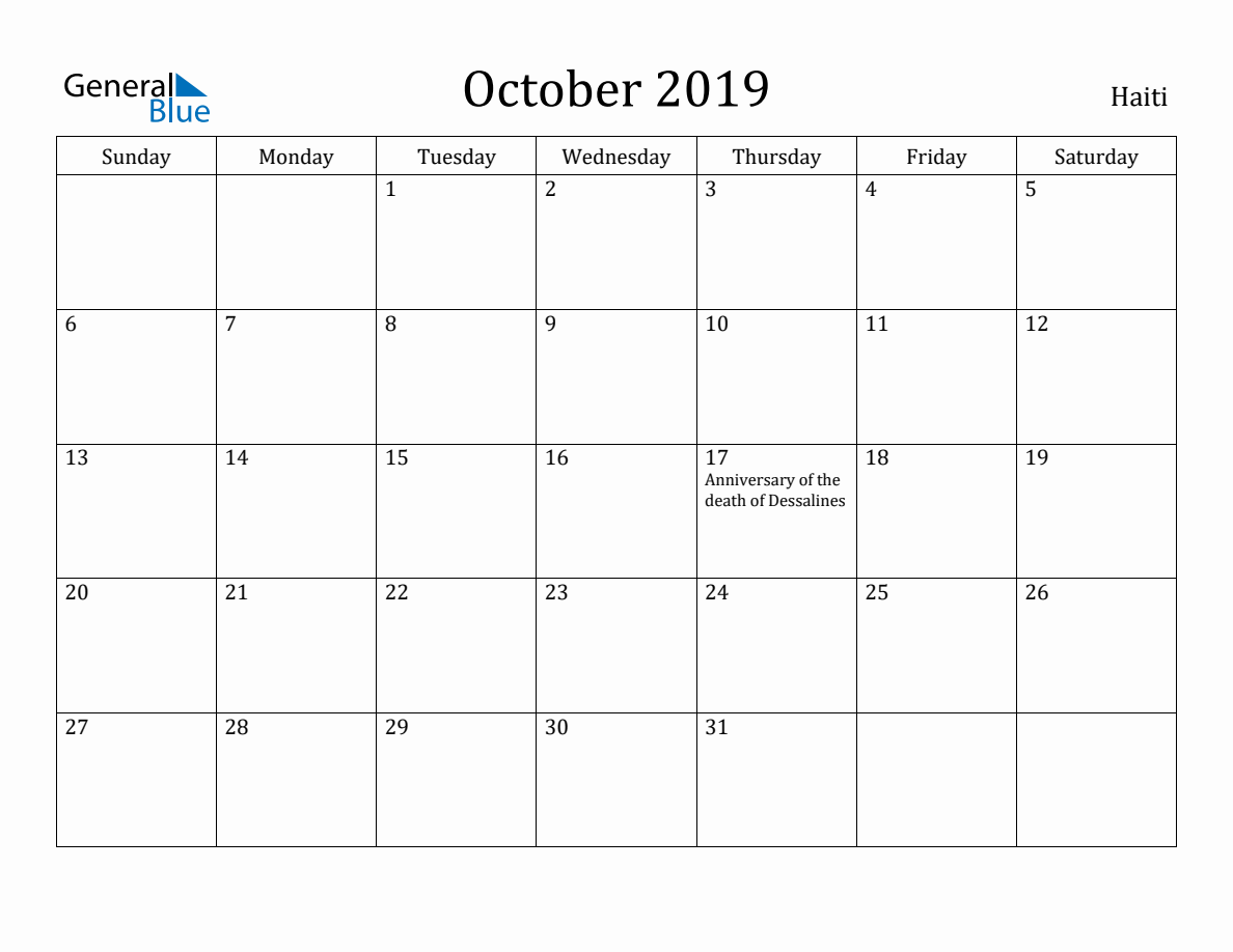 October 2019 Monthly Calendar with Haiti Holidays