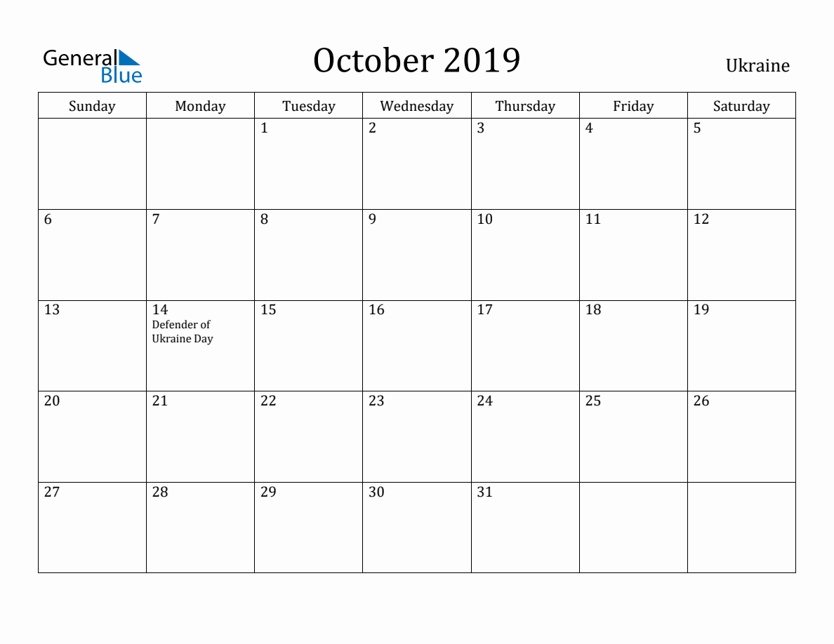 October 2019 Monthly Calendar with Ukraine Holidays