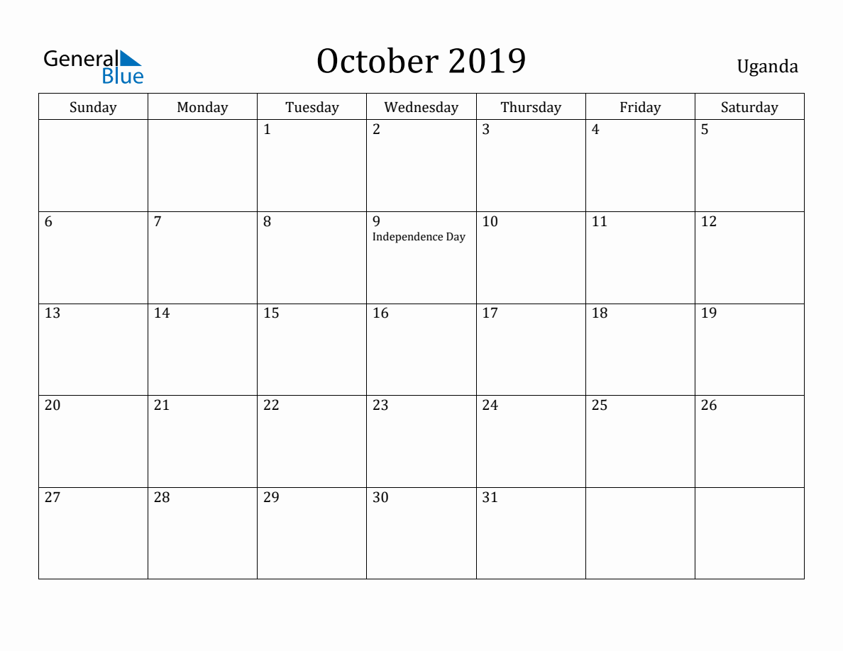 October 2019 Monthly Calendar with Uganda Holidays