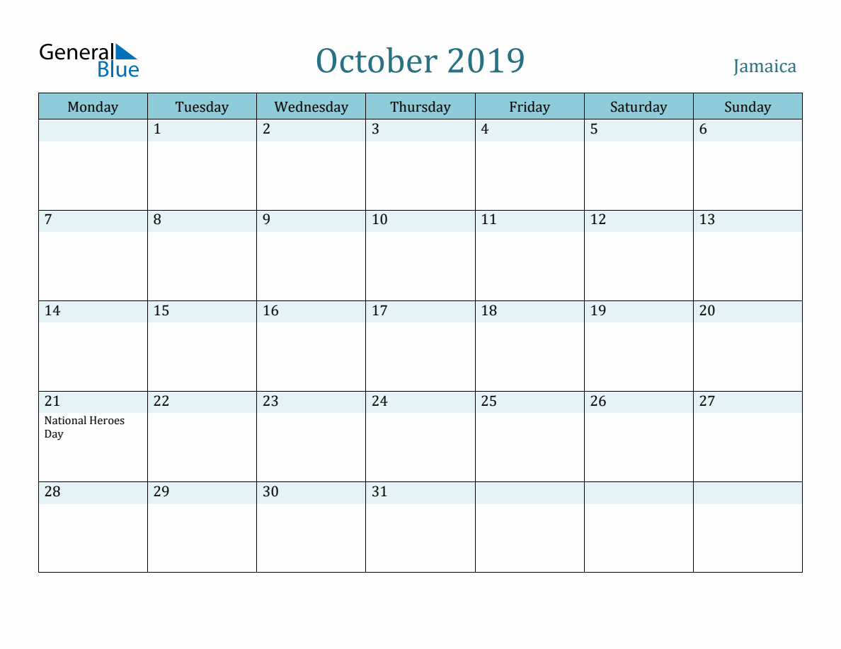 Jamaica Holiday Calendar for October 2019