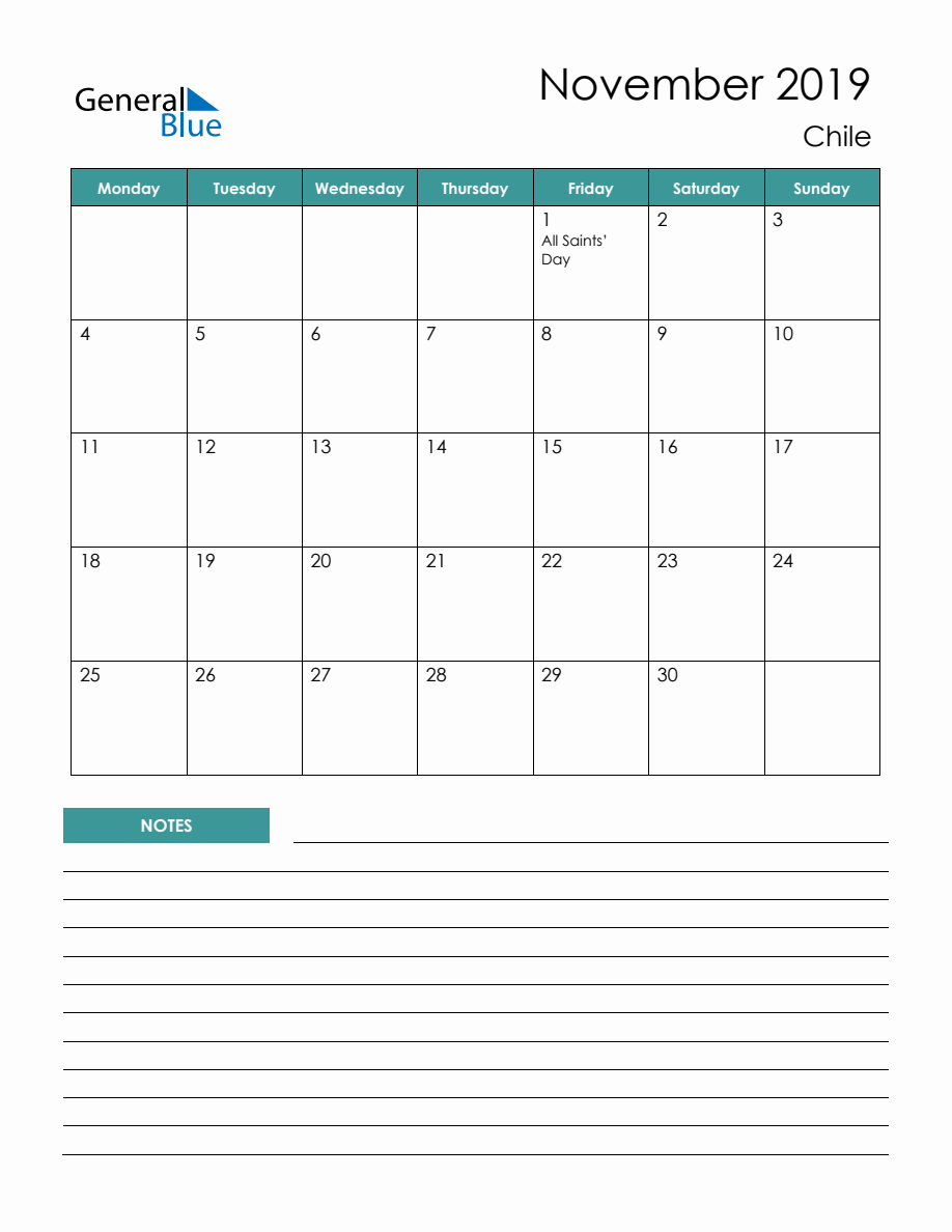 Monthly Planner with Chile Holidays - November 2019 (Monday Start)