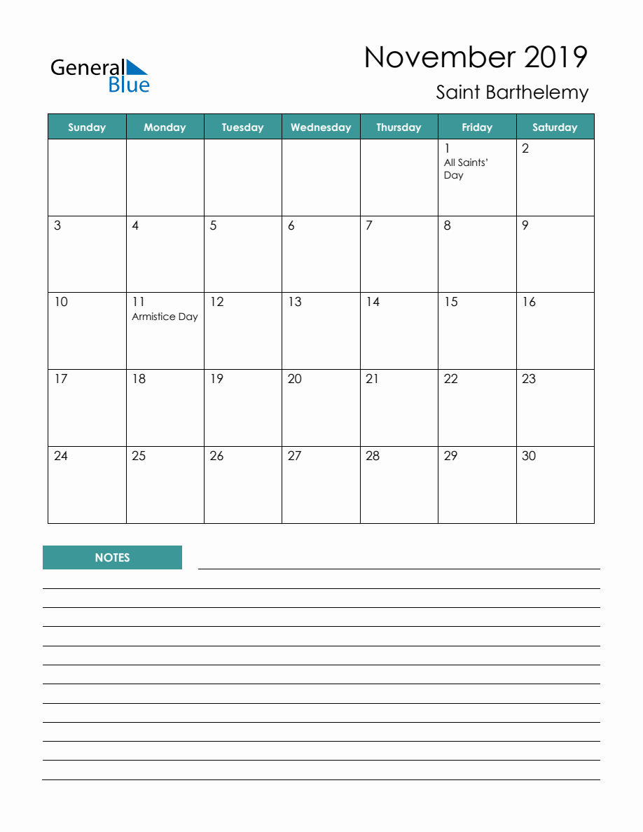 Monthly Planner with Saint Barthelemy Holidays - November 2019