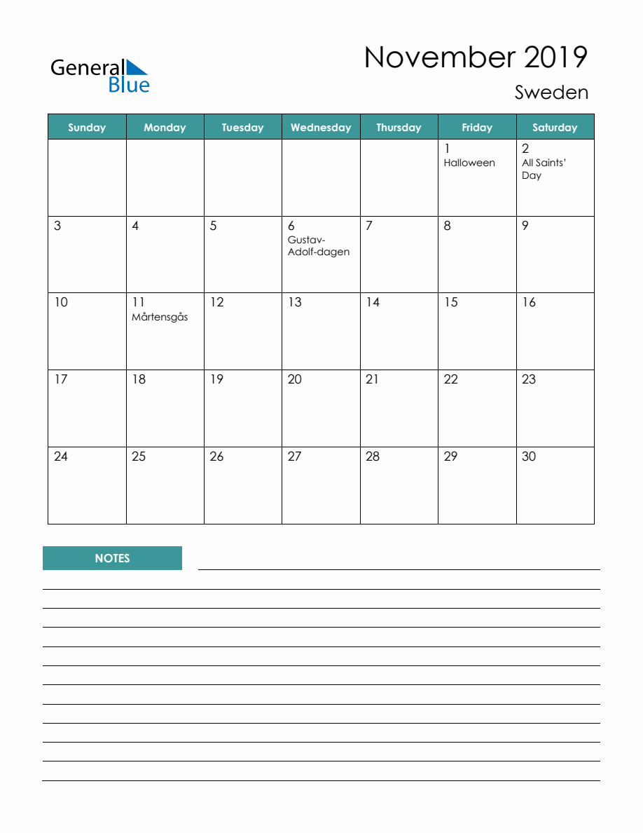 Monthly Planner with Sweden Holidays - November 2019