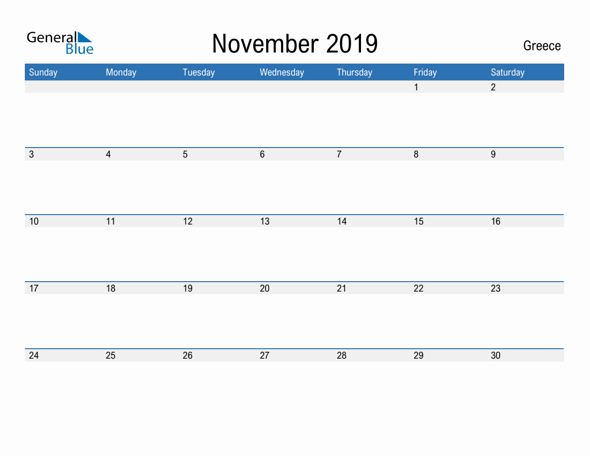 Editable November 2019 Calendar with Greece Holidays