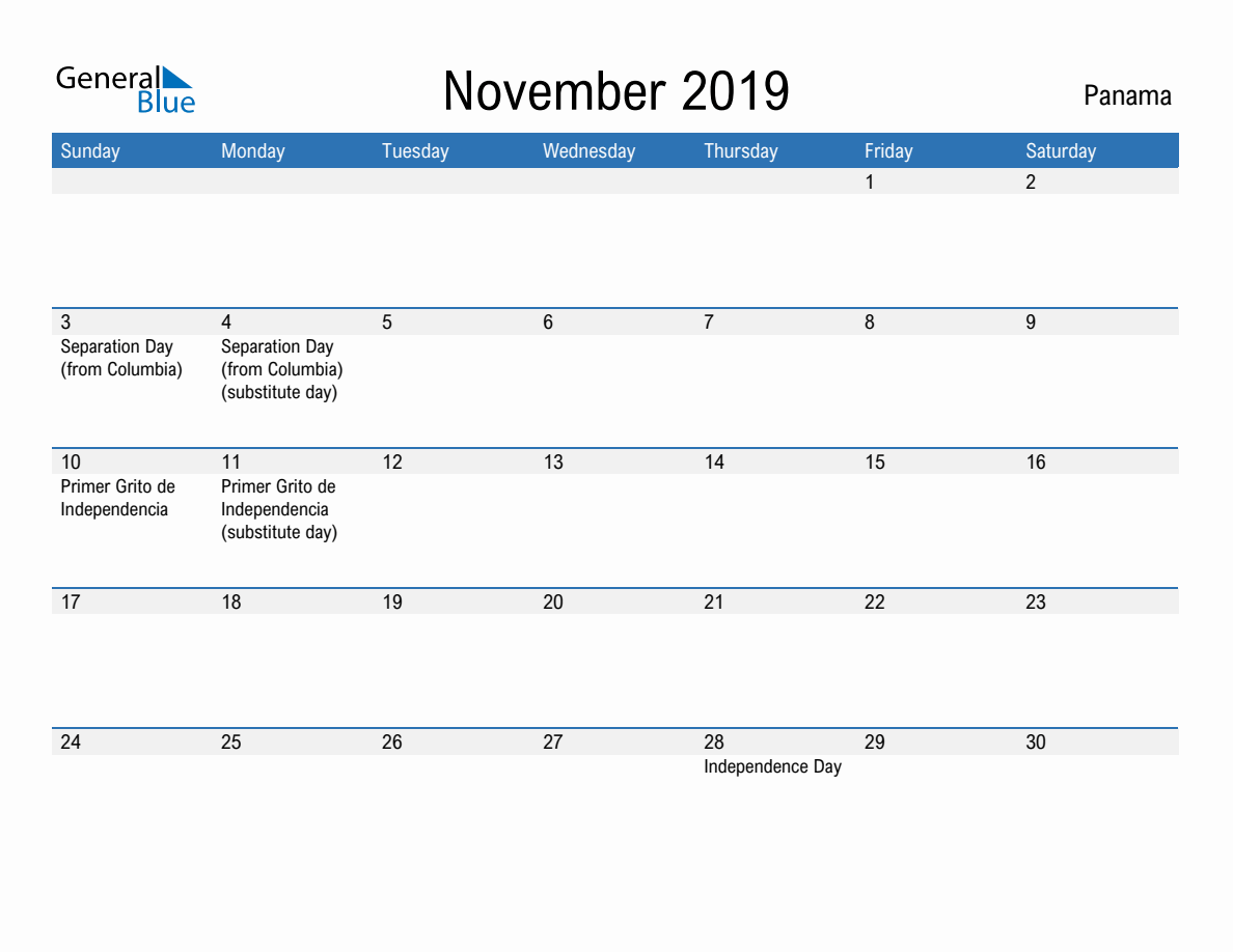 Editable November 2019 Calendar with Panama Holidays