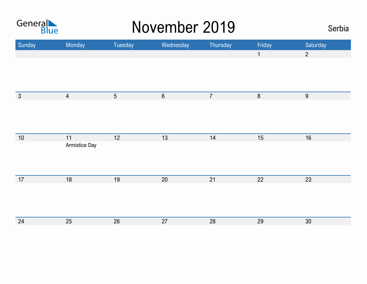 Editable November 2019 Calendar with Serbia Holidays