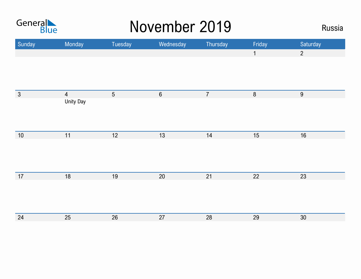 November 2019 Monthly Calendars with Russia Holidays