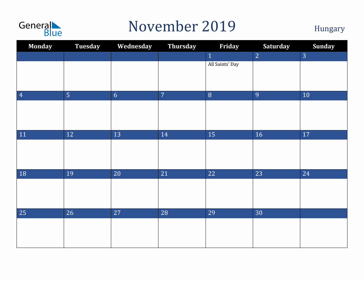 November 2019 Hungary Holiday Calendar (Monday Start)