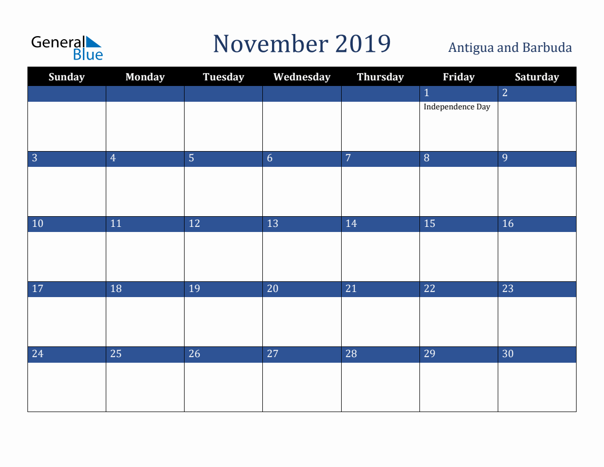 November 2019 Antigua and Barbuda Holiday Calendar