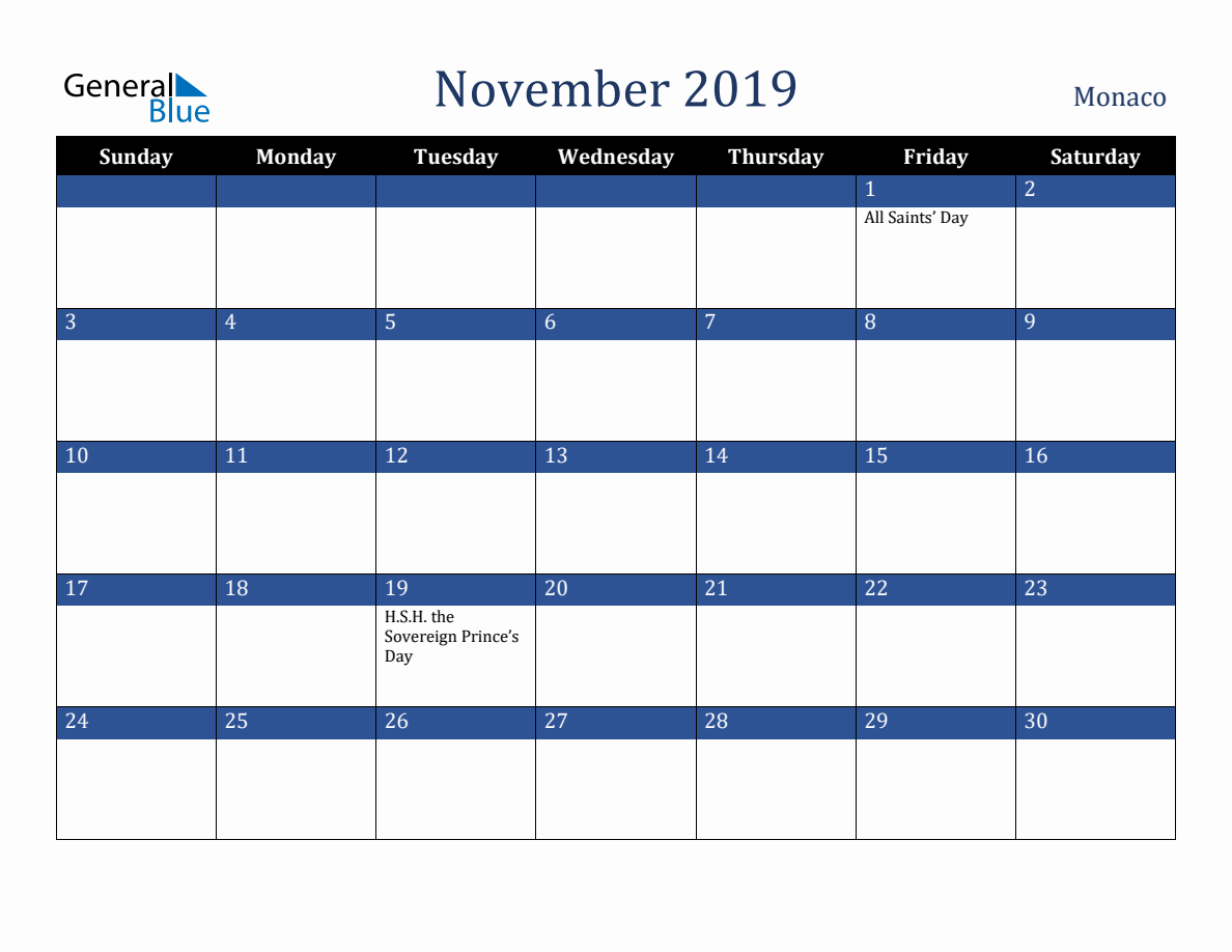November 2019 Monaco Holiday Calendar