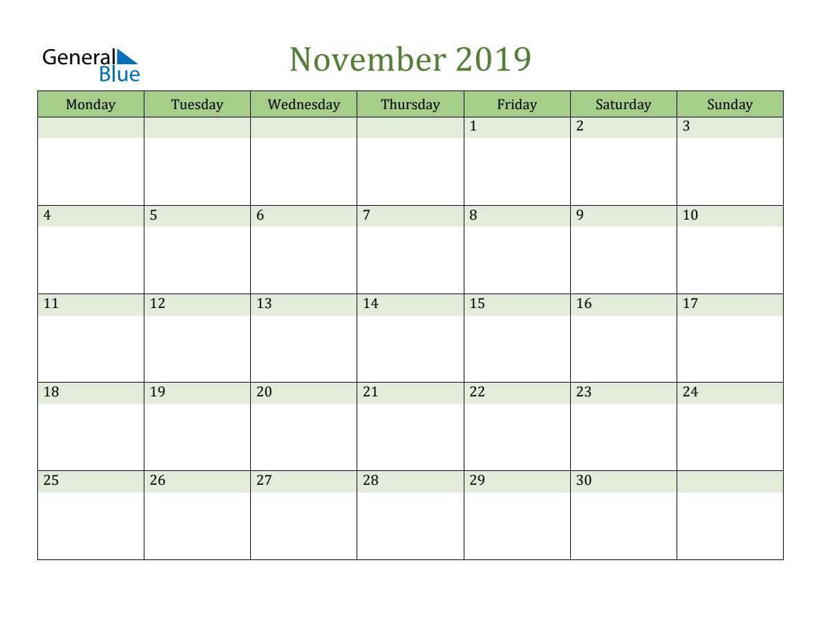 Fillable November 2019 Calendar