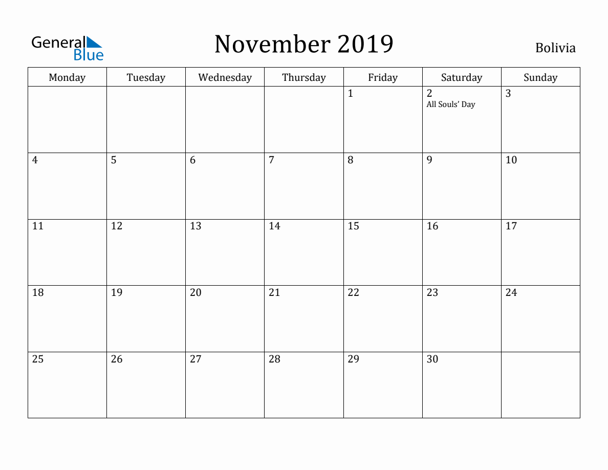 Bolivia Monthly Calendar - November 2019 (Monday Start)