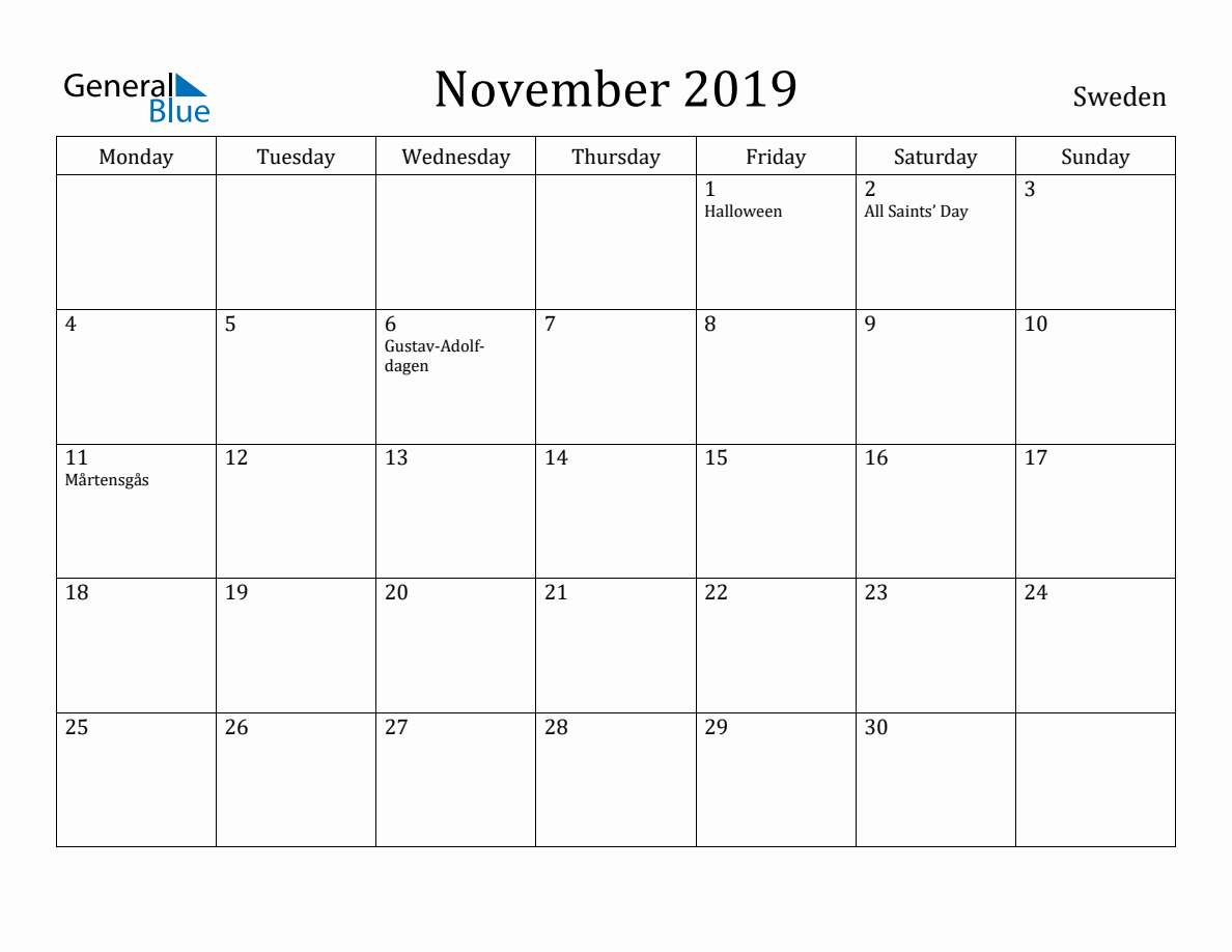 Sweden Monthly Calendar - November 2019 (Monday Start)