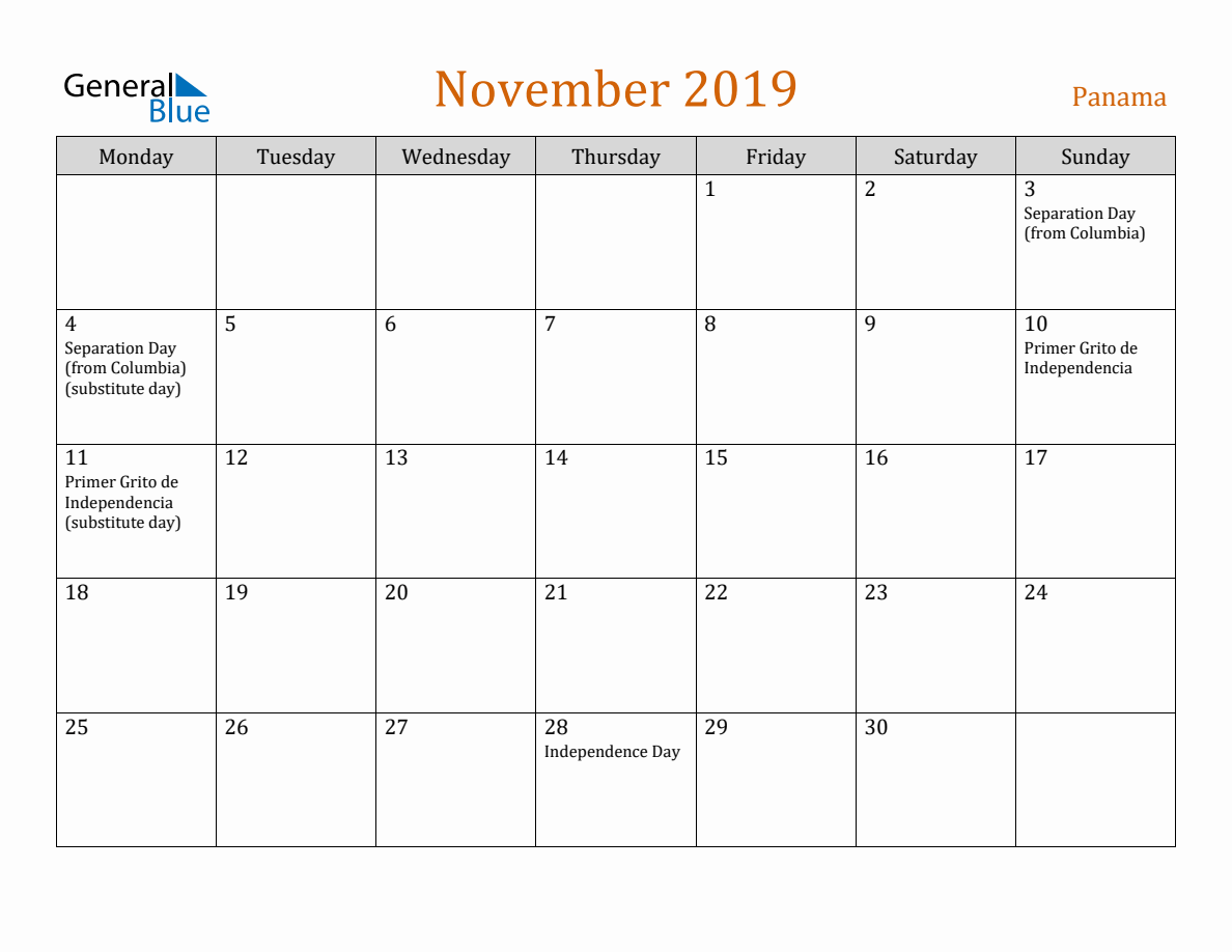 Free November 2019 Panama Calendar (Monday Start)