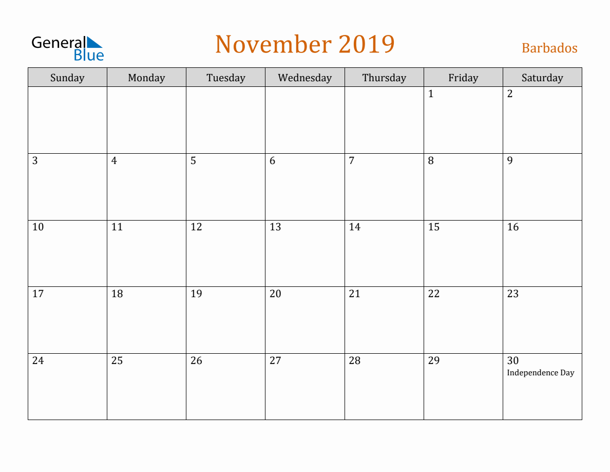 Free November 2019 Barbados Calendar