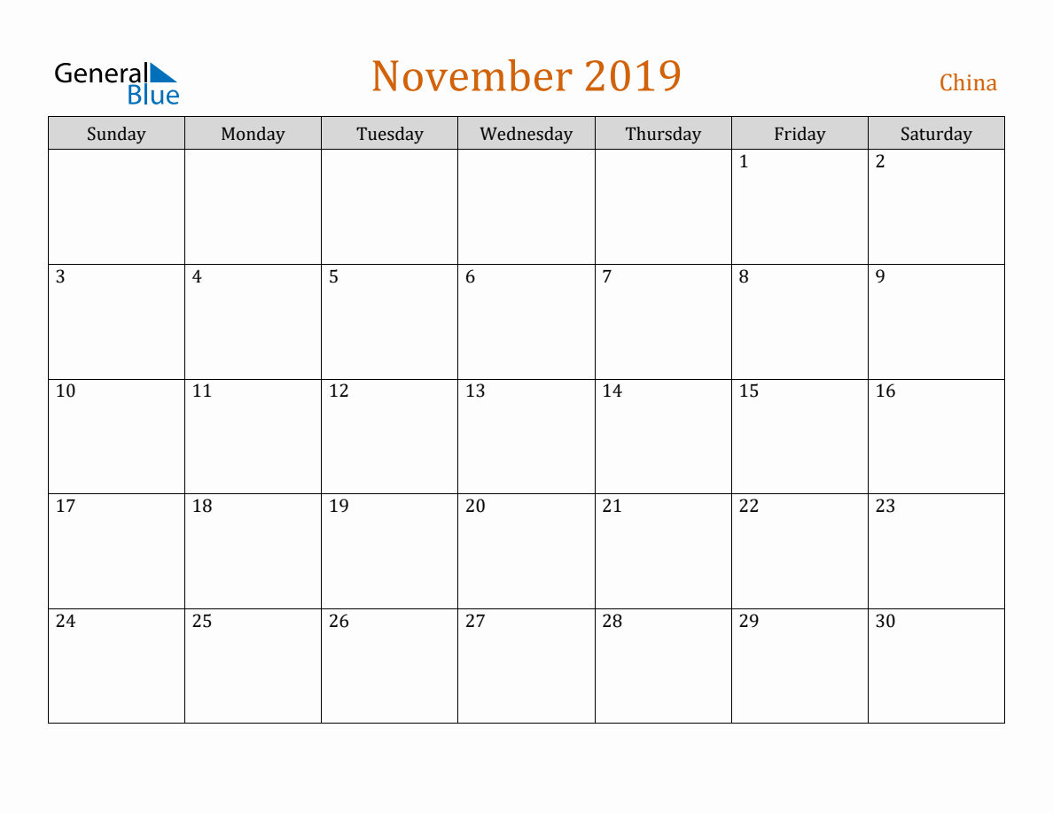 Free November 2019 China Calendar