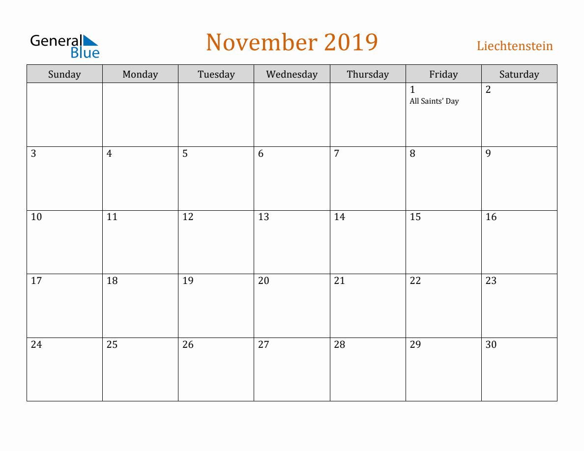 Free November 2019 Liechtenstein Calendar